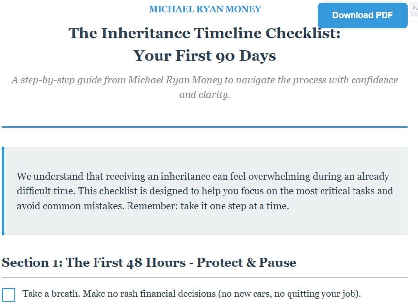 Downloadable Inheritance Timeline Checklist PDF: First 90 Days Strategy | Michael Ryan Money